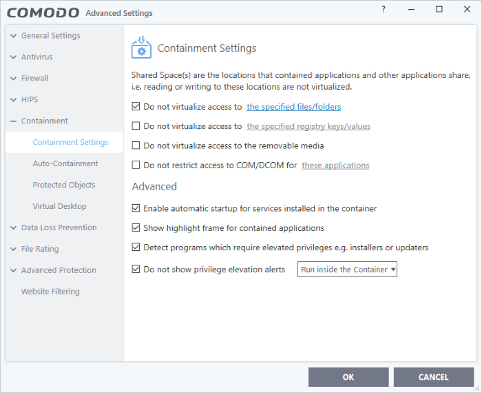 Containment Settings, Containment Computer Security, Comodo Client Security